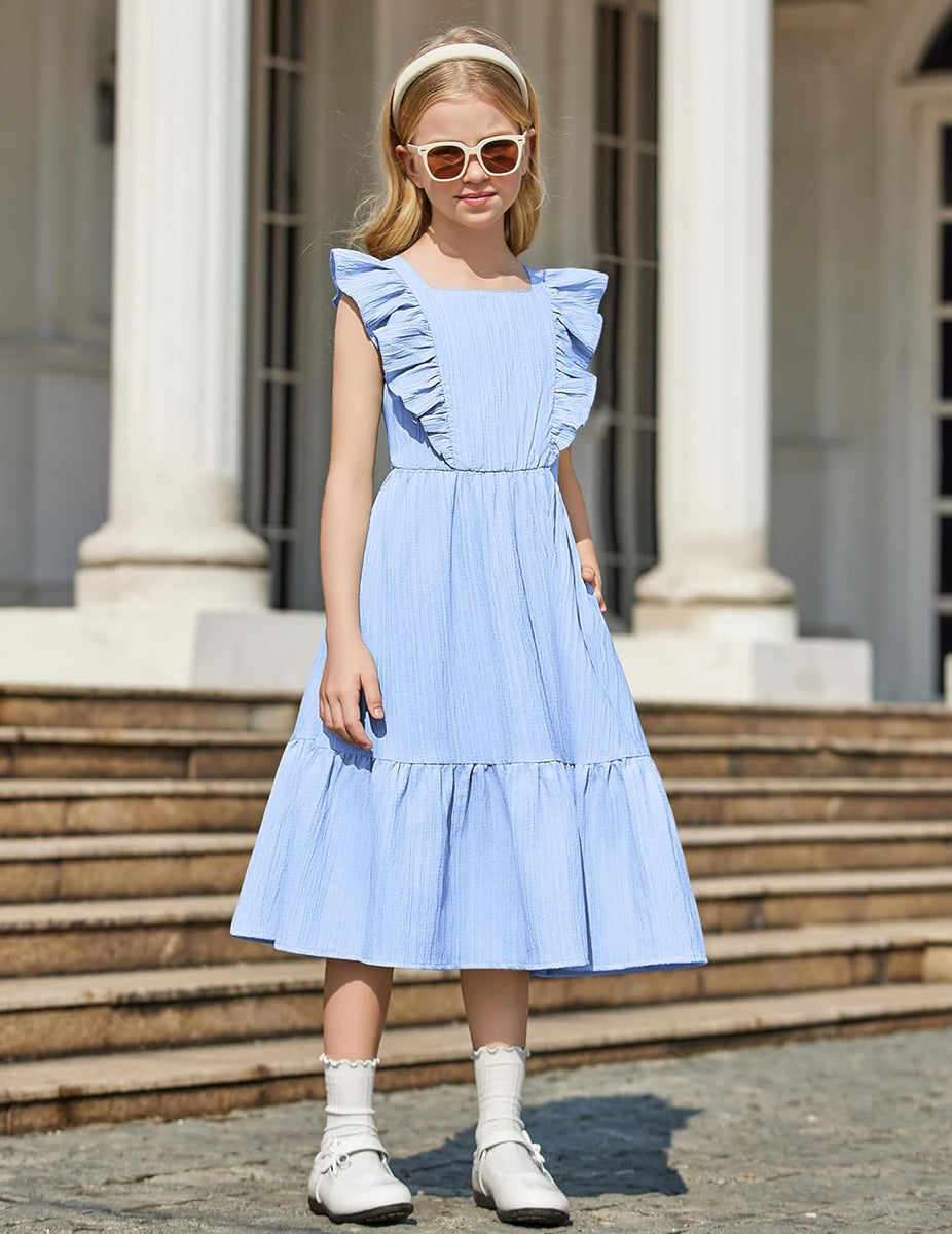 Arshiner Girls Tie Back Dress Tween Boho Flutter Sleeve Maxi Dresses ...