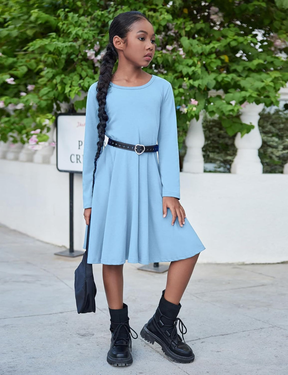 Arshiner Girls Long Sleeve Stretchy Dress A line Twirly Skater School ...