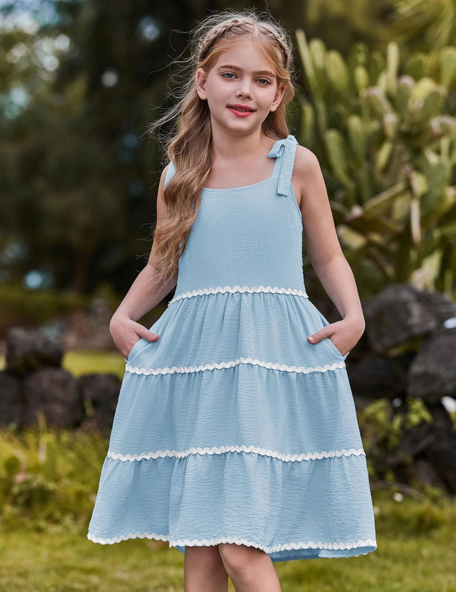 Arshiner Girl's Sundresses Boho Tie Shoulder Cami Midi Tiered Dresses ...