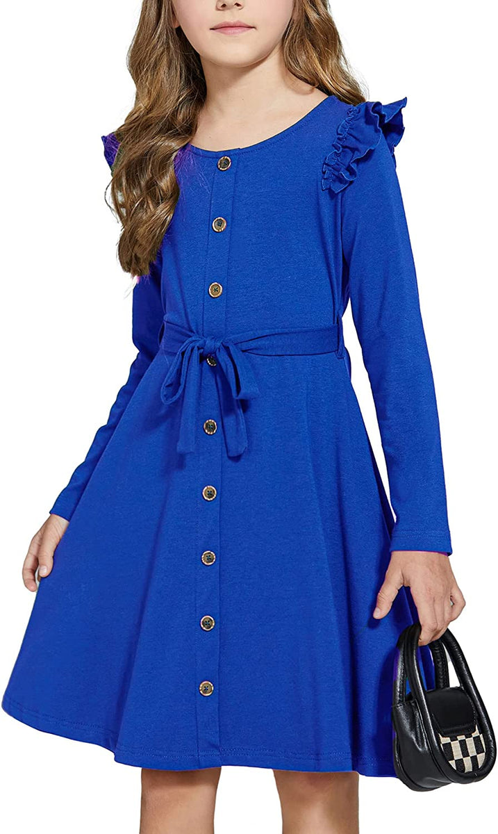 Arshiner Girls Long Sleeve Dress Casual Fall Dress A Line Belted Midi ...