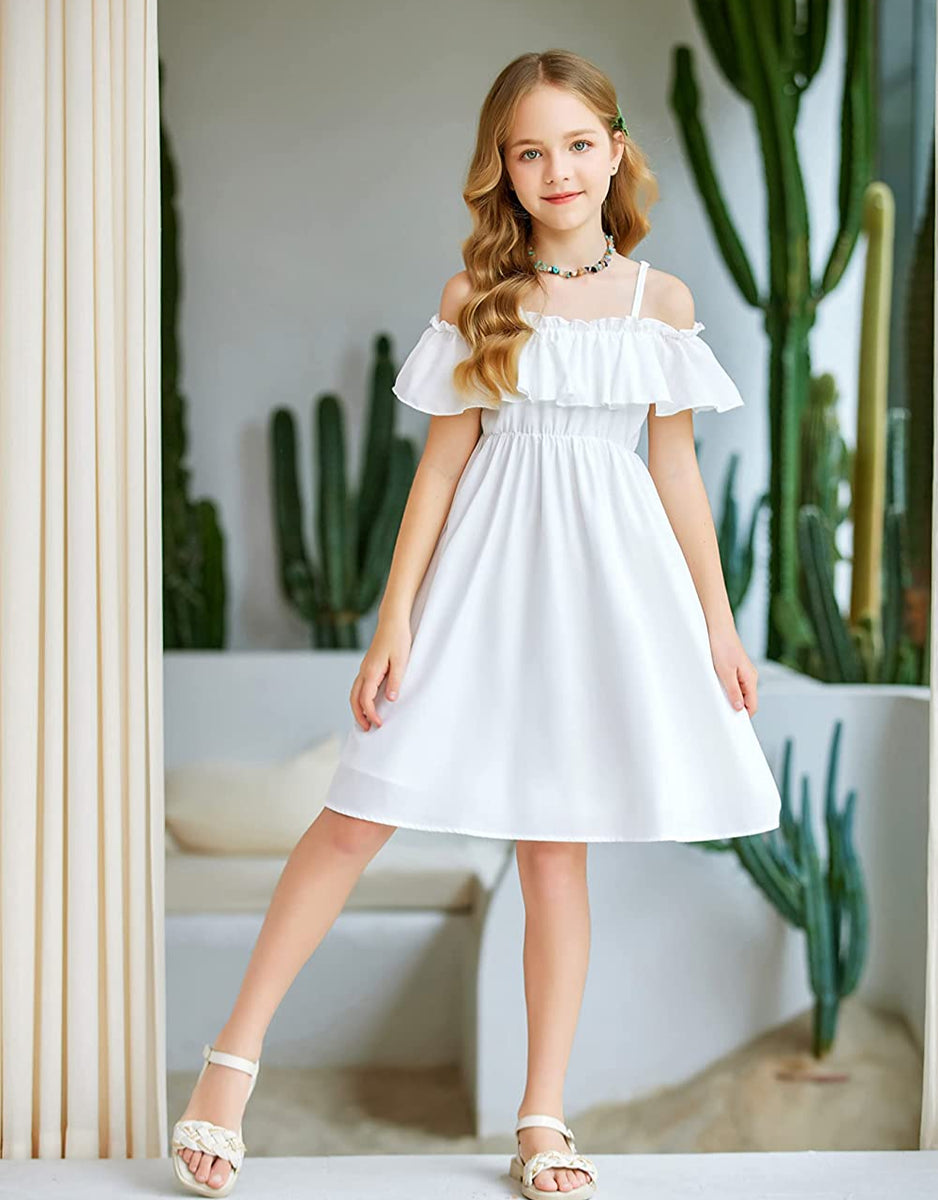 Arshiner Girls Summer Floral Ruffle Sundress Cold Shoulder Casual Dres ...