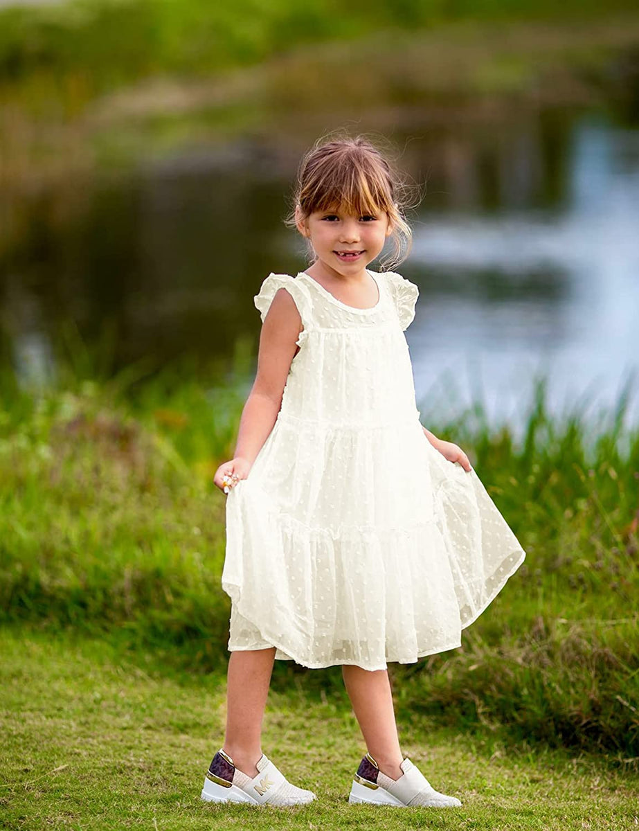 Arshiner Girl's Summer Dress Flared Sleeve Loose Fit Swiss Dots Flowy ...