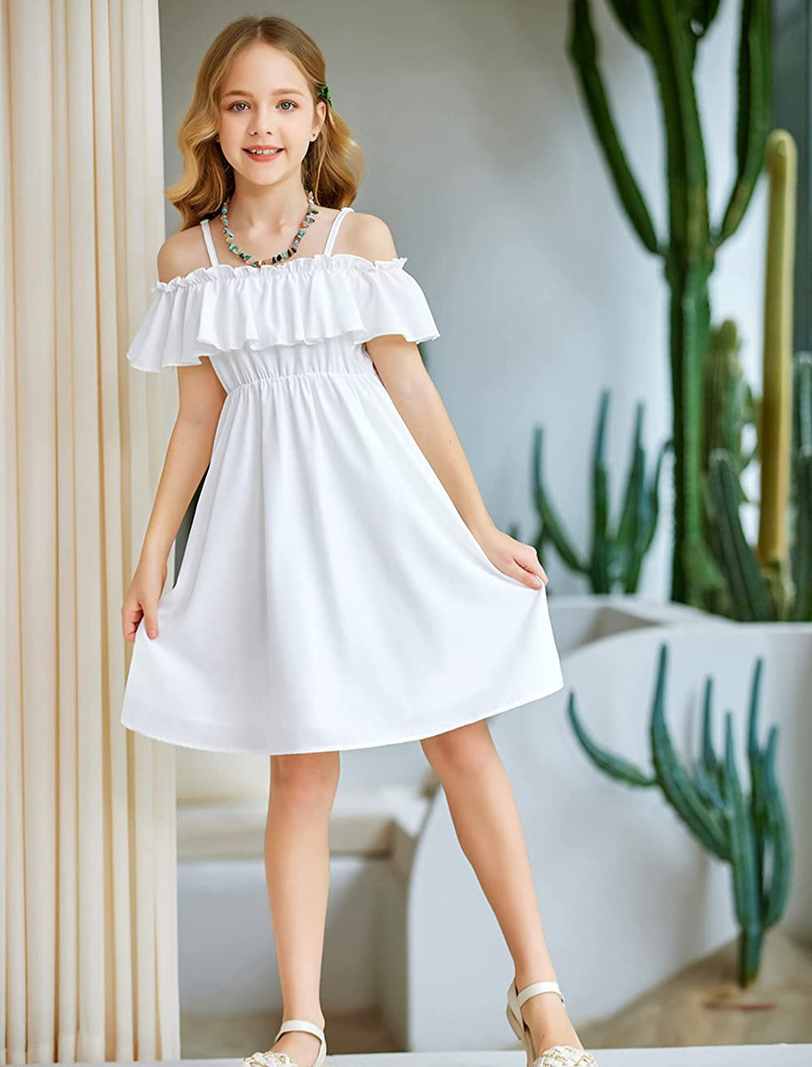Arshiner Girls Summer Floral Ruffle Sundress Cold Shoulder Casual Dres ...