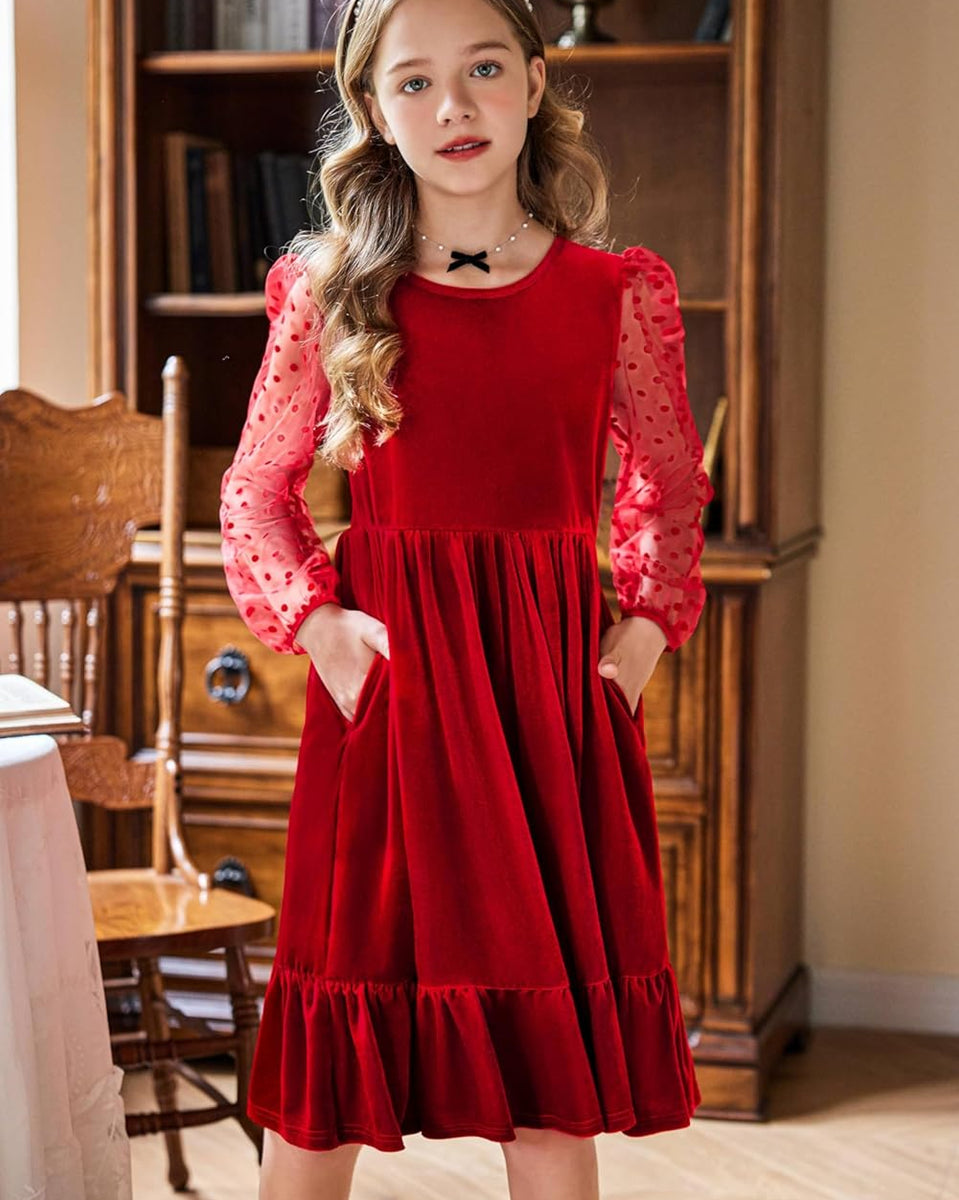 Arshiner Girls Dresses Contrast Mesh Velvet Long Sleeve A-Line Vintage ...