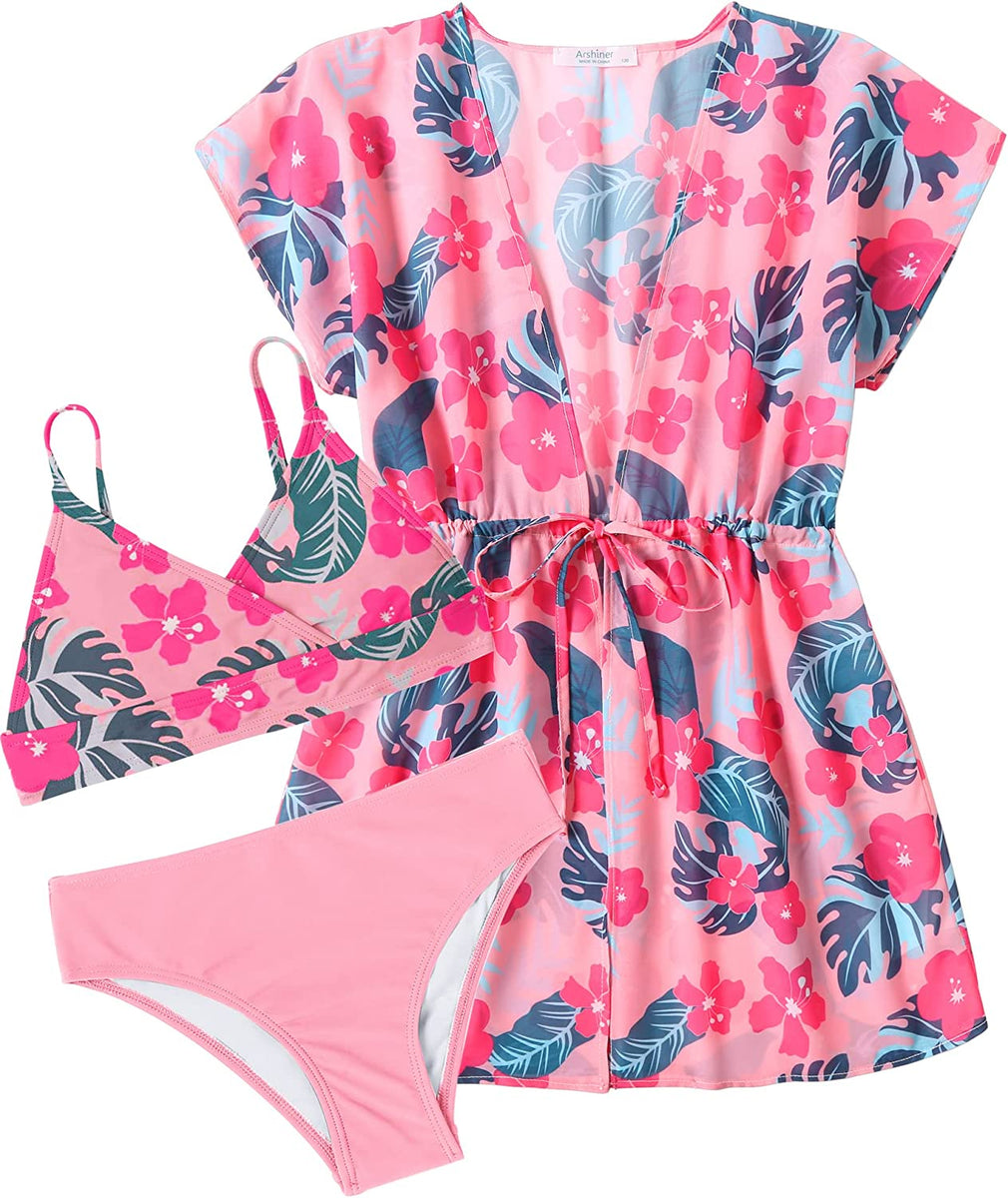 Arshiner 3 Piece Girls Swimsuit Kimono Drawstring Cover up and Kids Wr ...